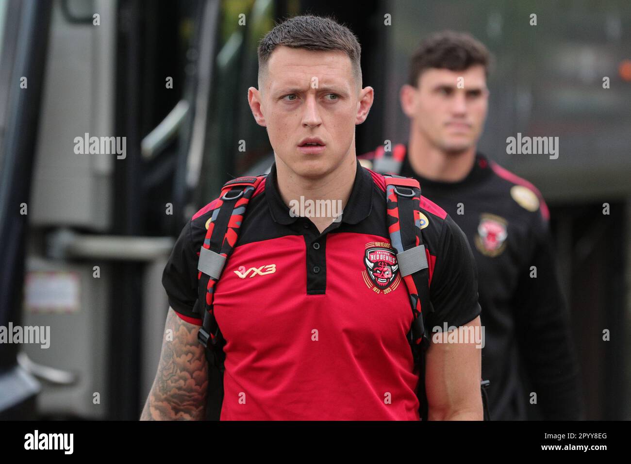 Deon Cross #28 of Salford Red Devils arrives at Headingley Stadium ...