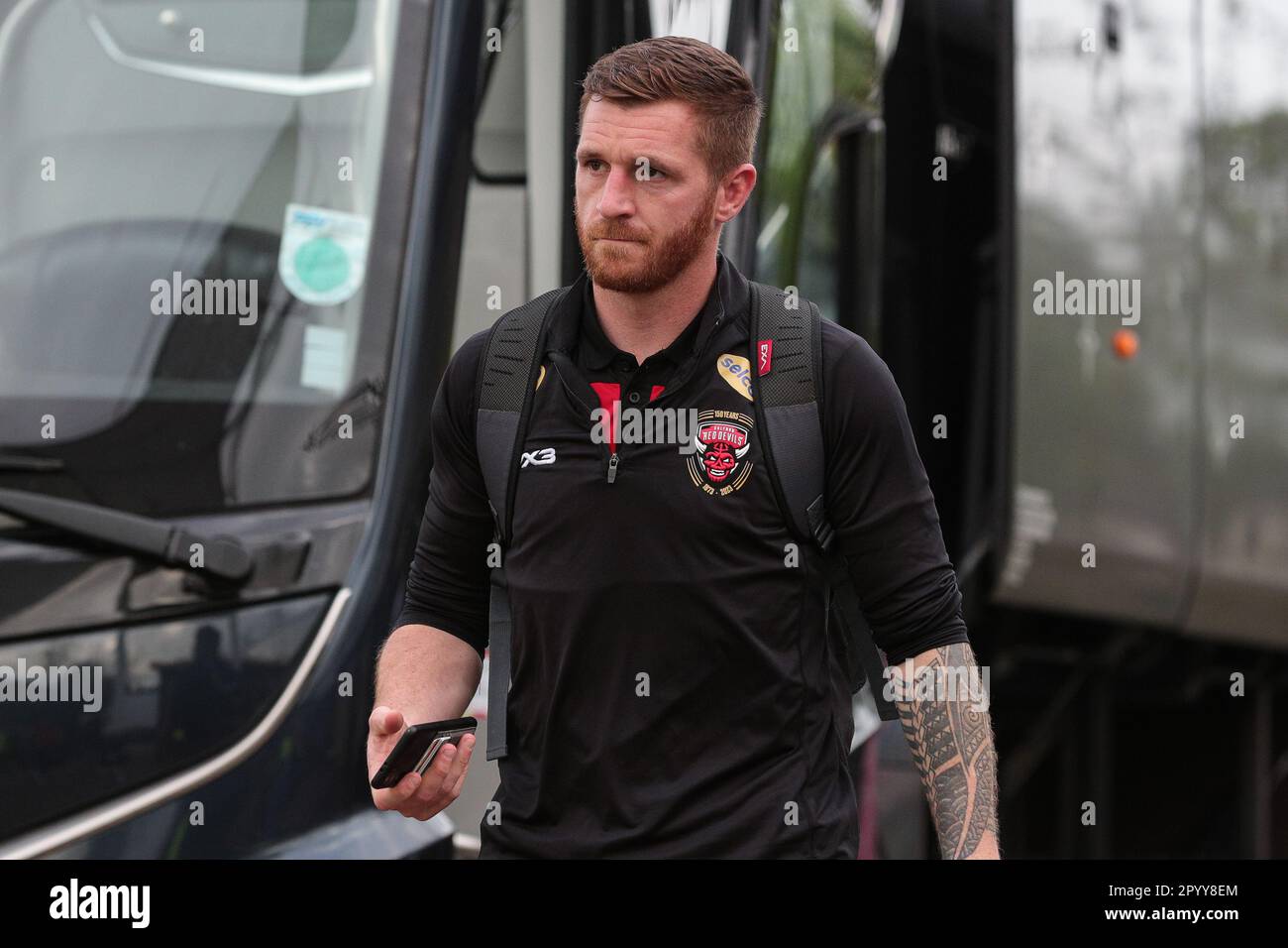 Marc Sneyd #7 of Salford Red Devils arrives at Headingley Stadium ahead ...