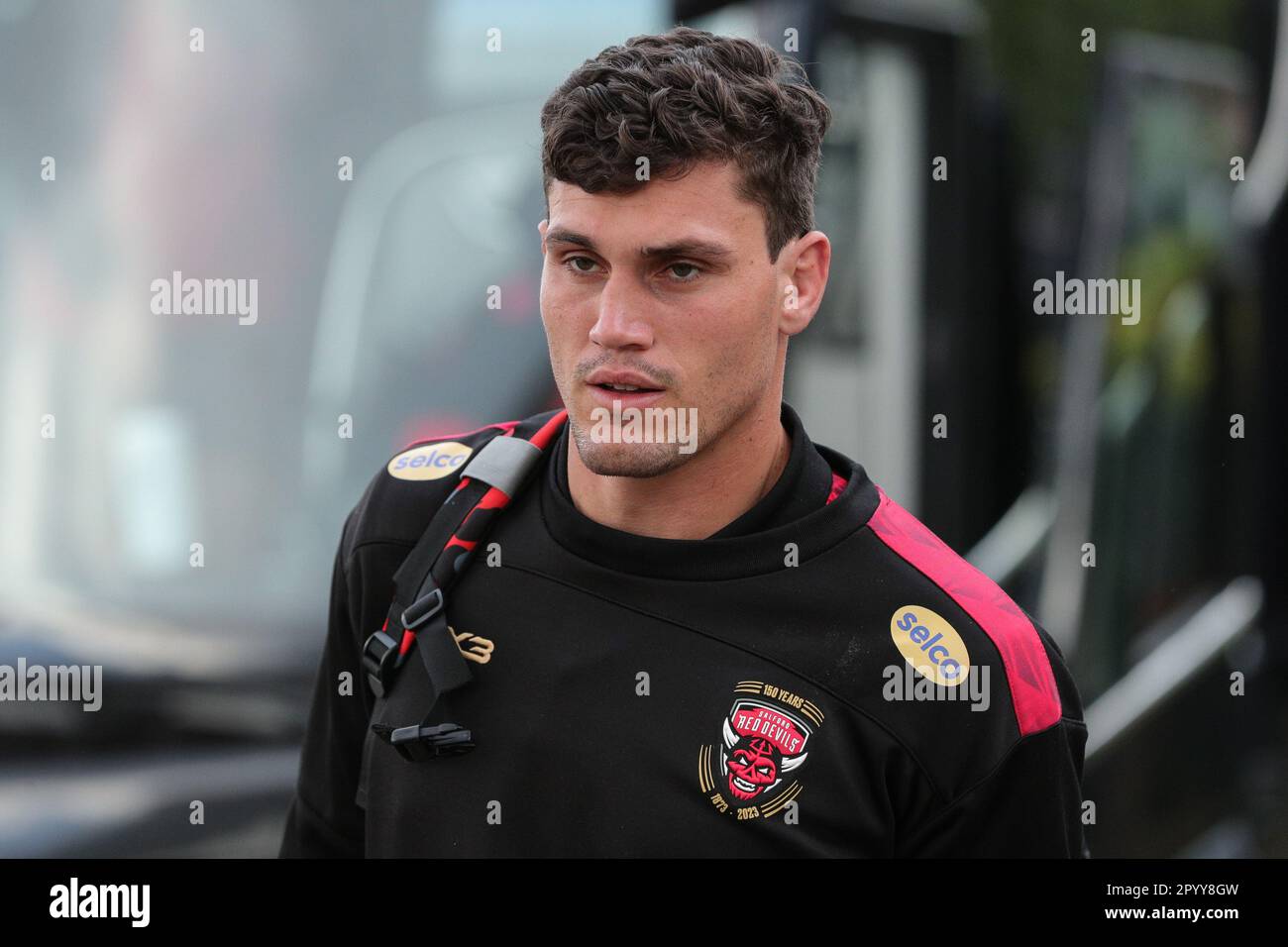 Sam Stone #12 of Salford Red Devils arrives at Headingley Stadium ahead ...