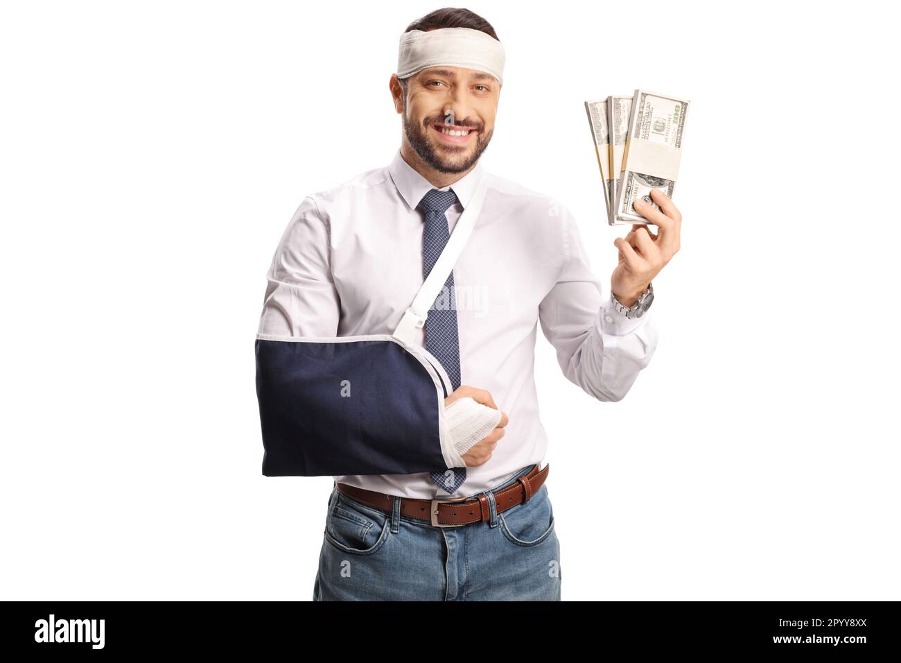 Man with an arm sling and bandage on head holding stacks of money and ...