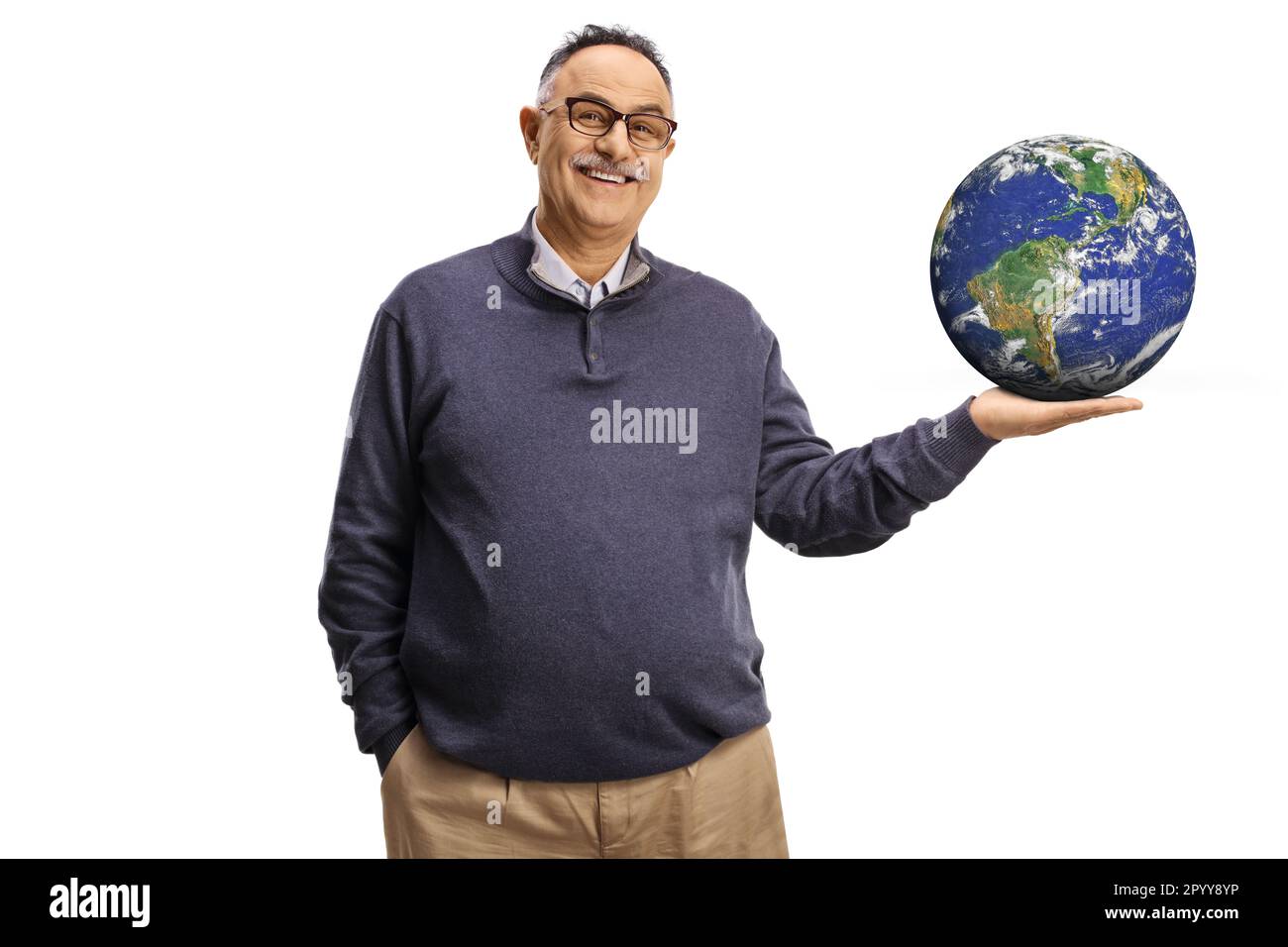 Smiling mature man holding the planet earth on his hand isolated on ...