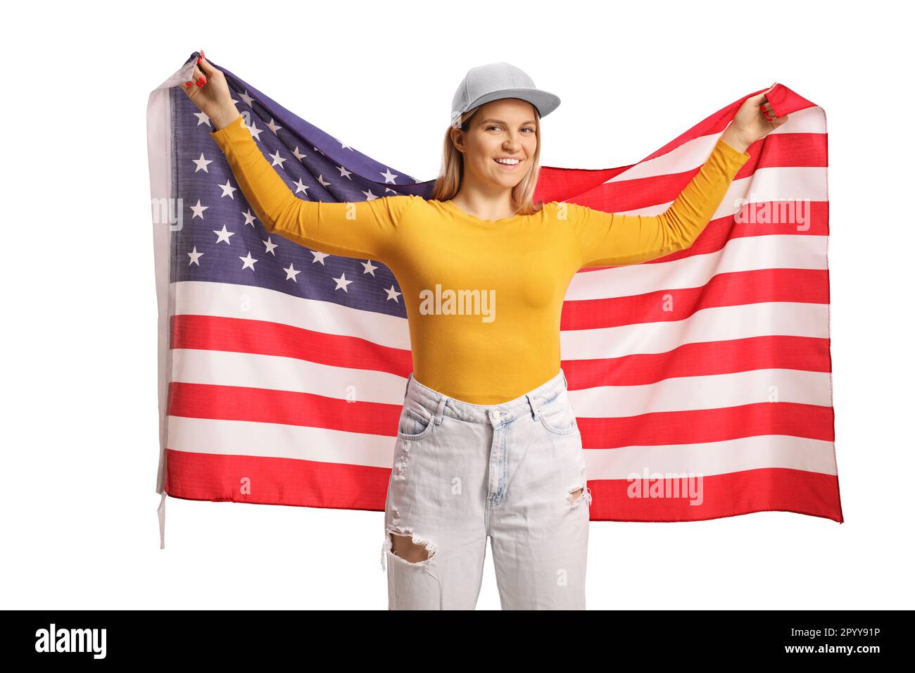 Happy gen z female holding a USA flag isolated on white background ...
