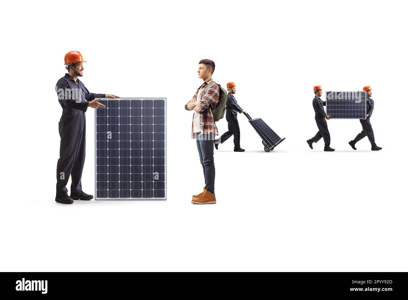 Factory worker with a solar panel talking to a male student isolated on ...