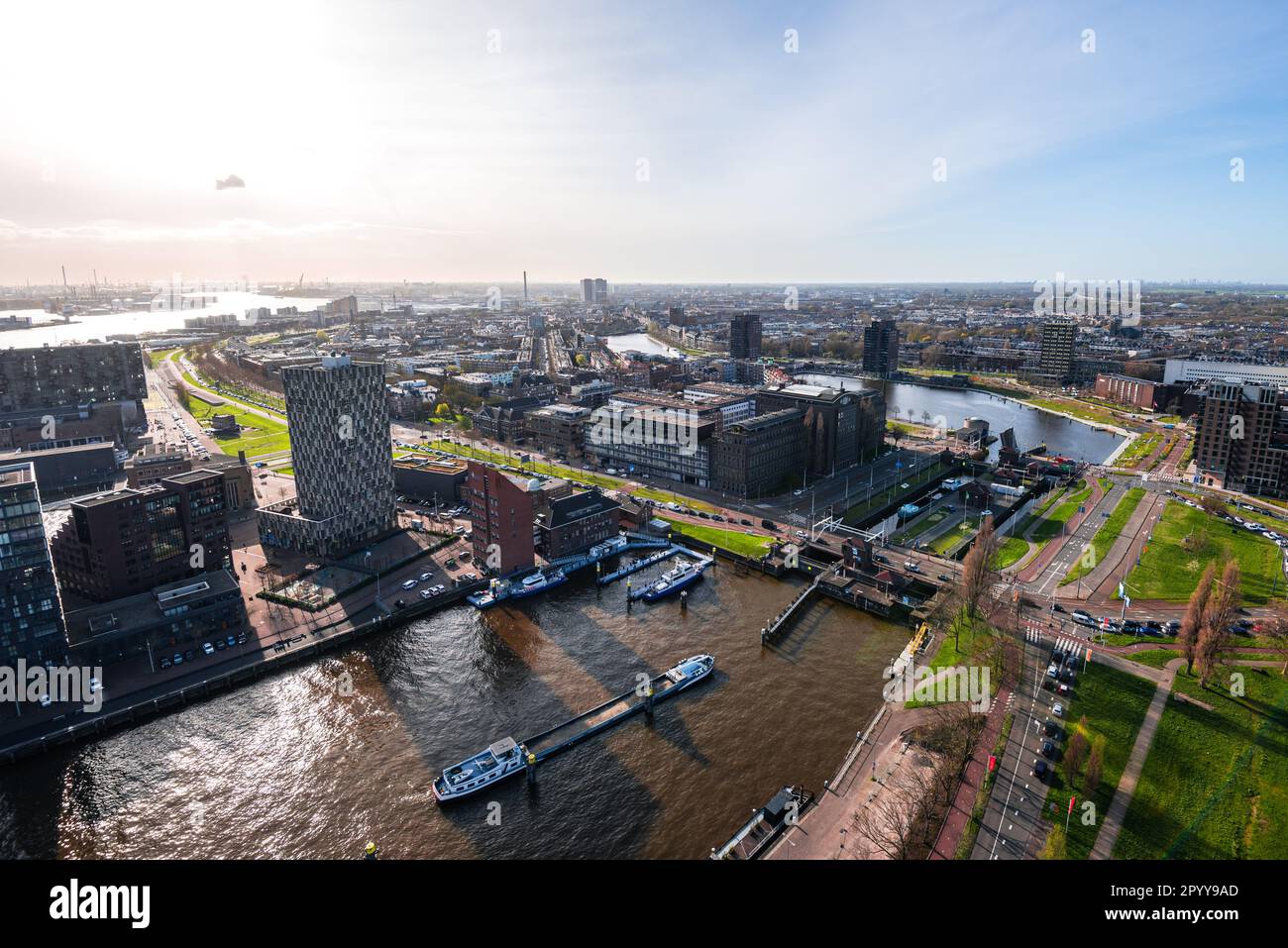 Rotterdam Netherlands port and cityscape. Panoramic view from Euromast ...
