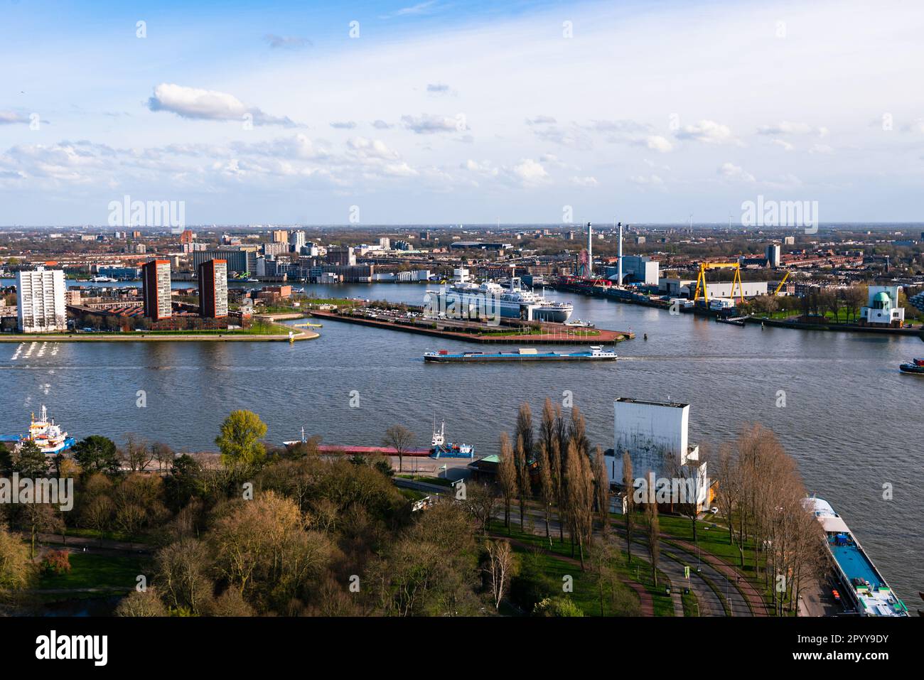 Rotterdam Netherlands port and cityscape. Panoramic view from Euromast ...