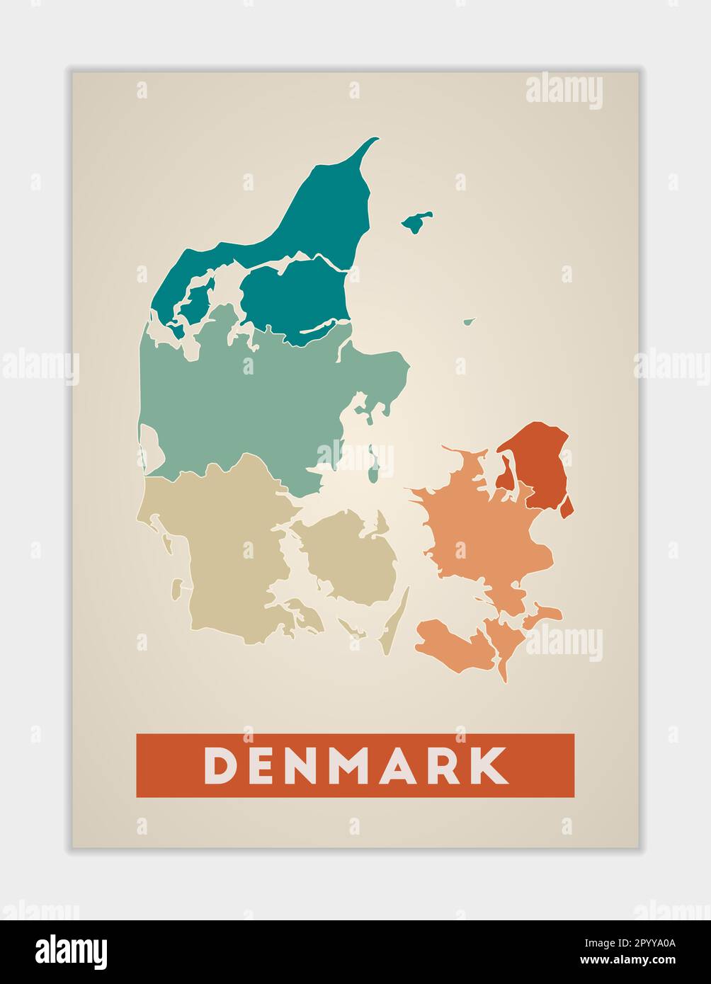 Denmark poster. Map of the country with colorful regions. Shape of Denmark with country name ...