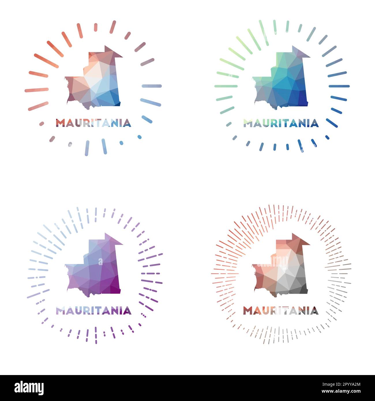 Mauritania low poly sunburst set. Logo of country in geometric ...