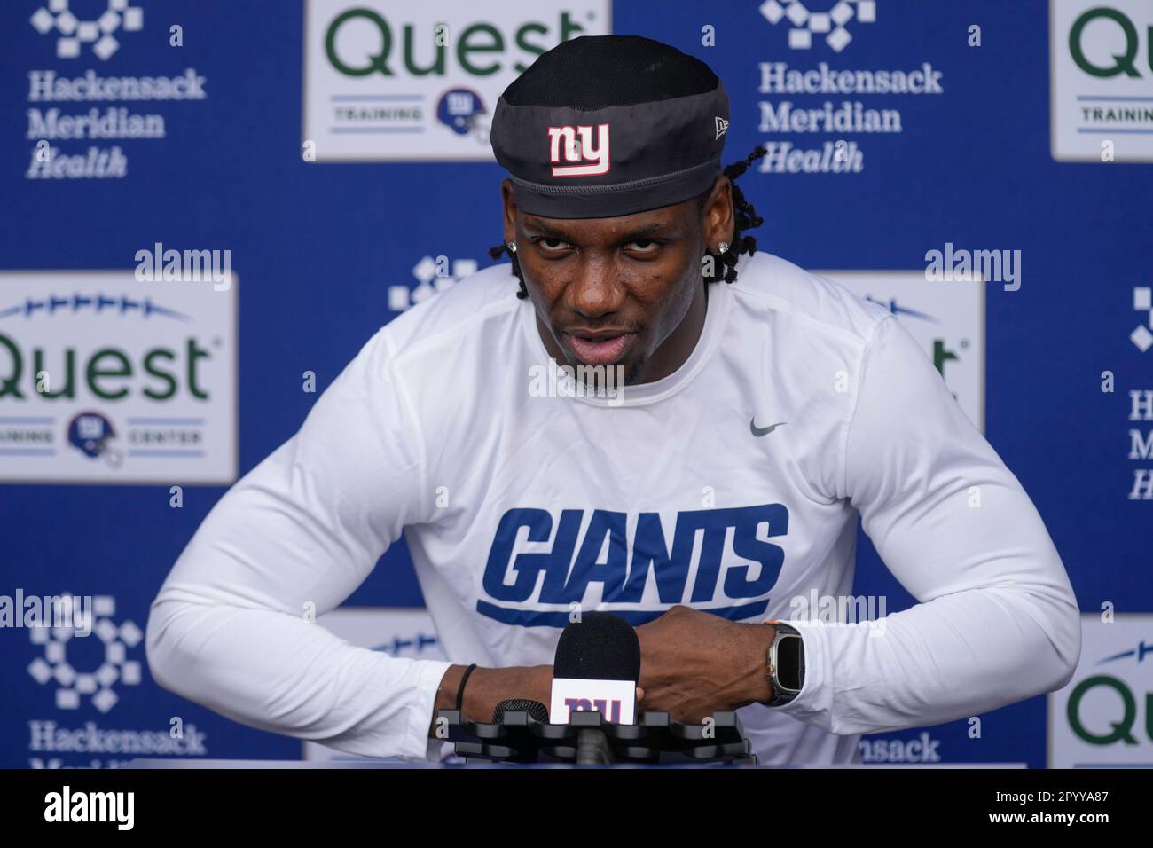 Cornerback Deonte Banks talks to reporters after an NFL football rookie ...