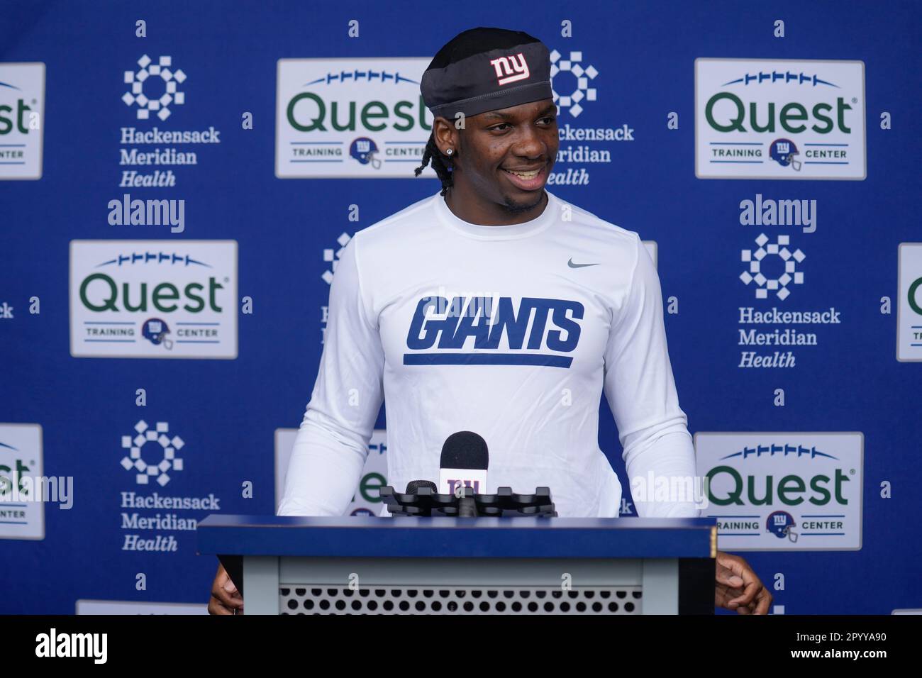 Cornerback Deonte Banks talks to reporters after an NFL football rookie camp at the New York ...