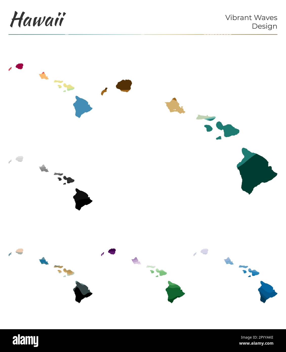 Set of vector maps of Hawaii. Vibrant waves design. Bright map of island in geometric smooth ...