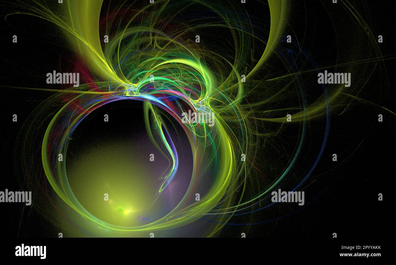 yellow and green abstract drawing on a black background, color digital ...