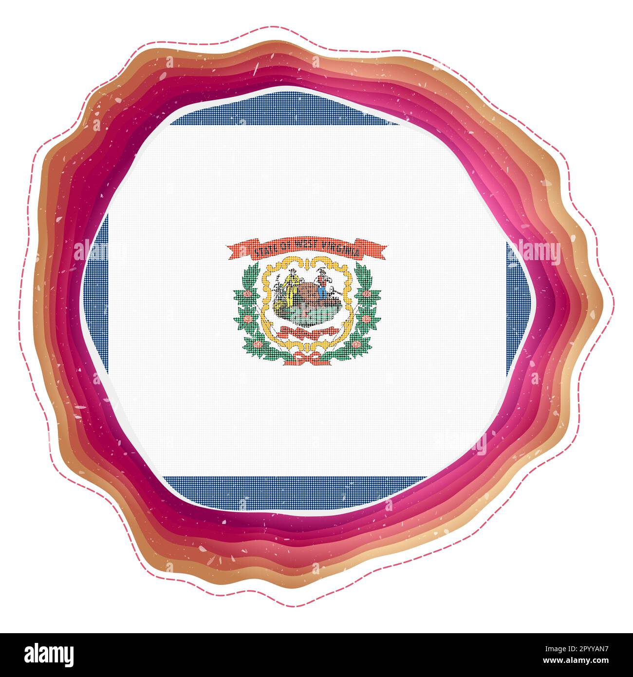West Virginia flag in frame. Badge of the US state. Layered circular sign around West Virginia ...