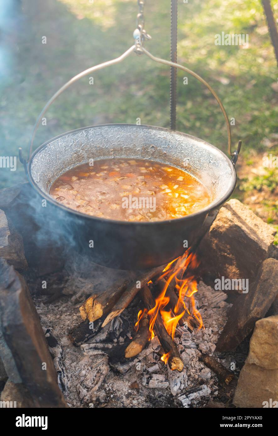 Delicious meal (goulash) made on traditional way in fish pot on camp ...