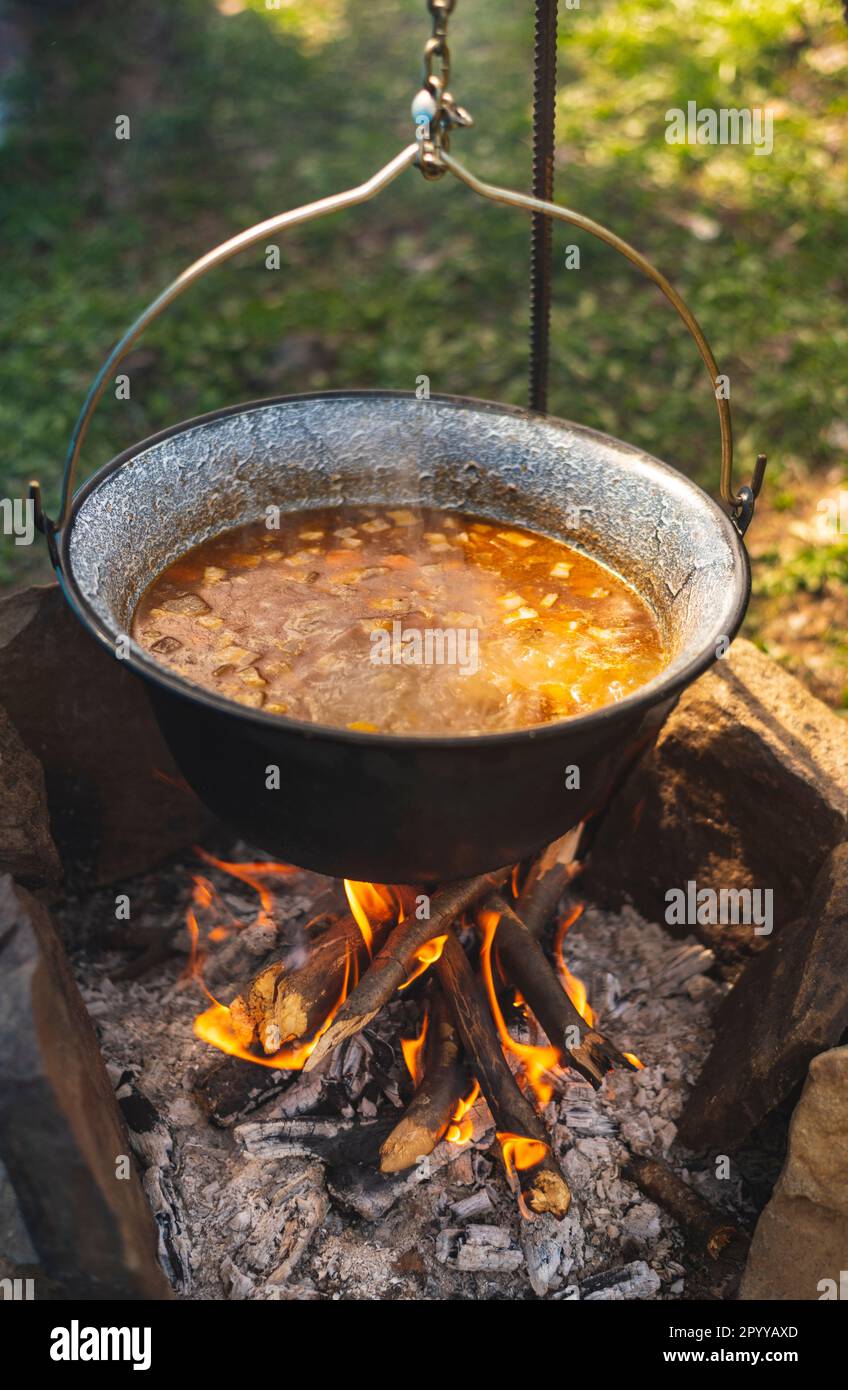 Delicious meal (goulash) made on traditional way in fish pot on camp ...