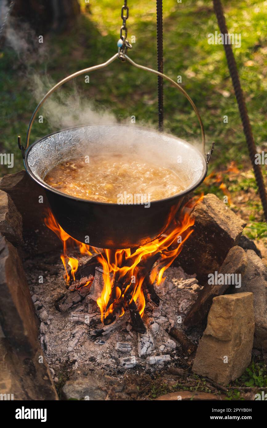 Delicious meal (goulash) made on traditional way in fish pot on camp ...