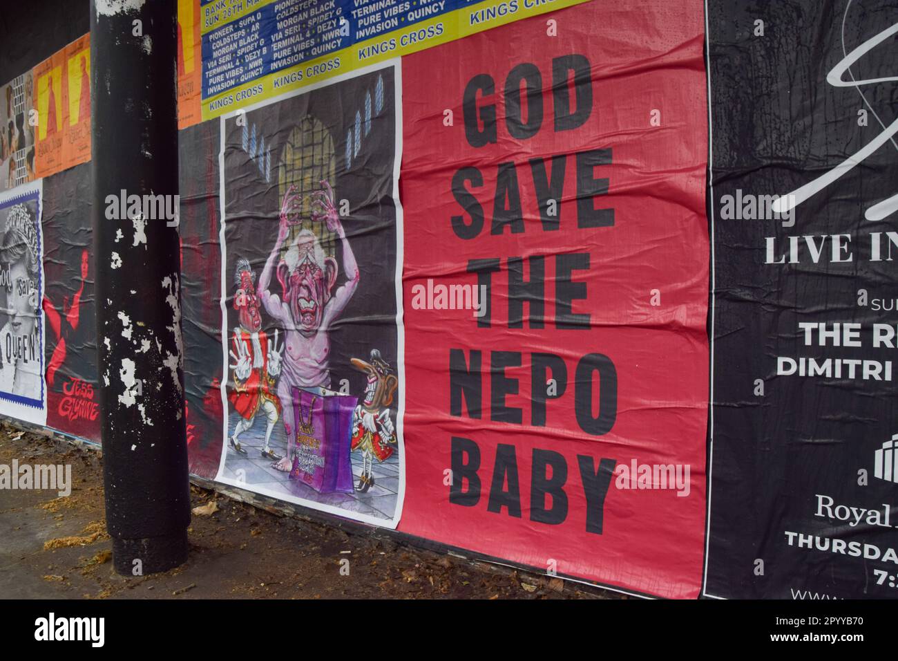 London, UK. 5th May 2023. Anti-monarchy posters appear on a wall in ...