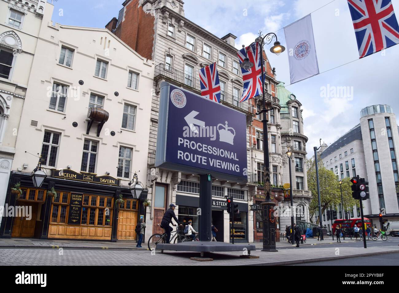 London, UK. 5th May 2023. Processional route viewing sign on The Strand ...