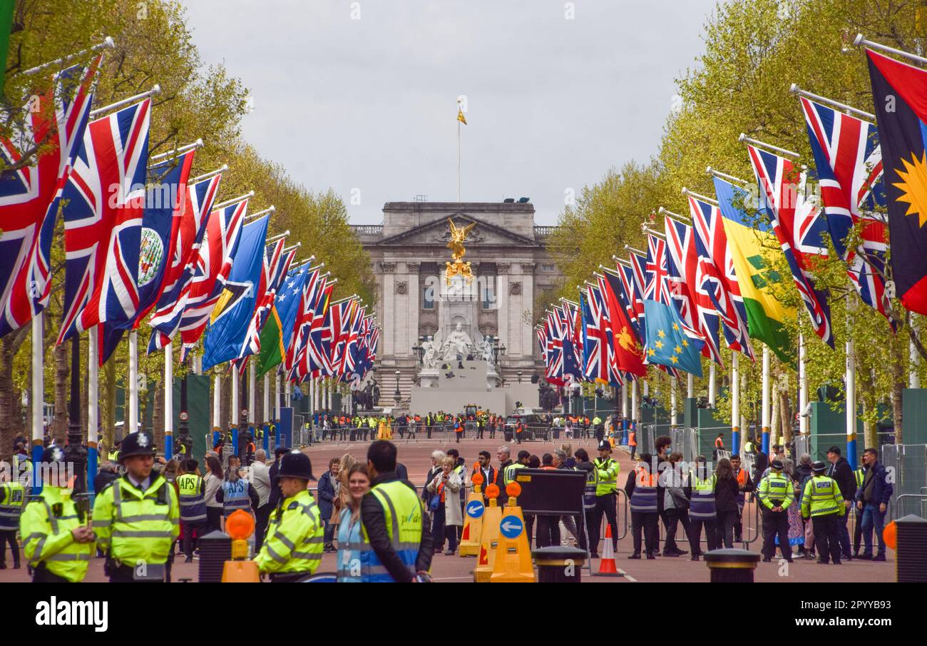 London, UK. 5th May 2023. Union Jacks and flags of Commonwealth ...