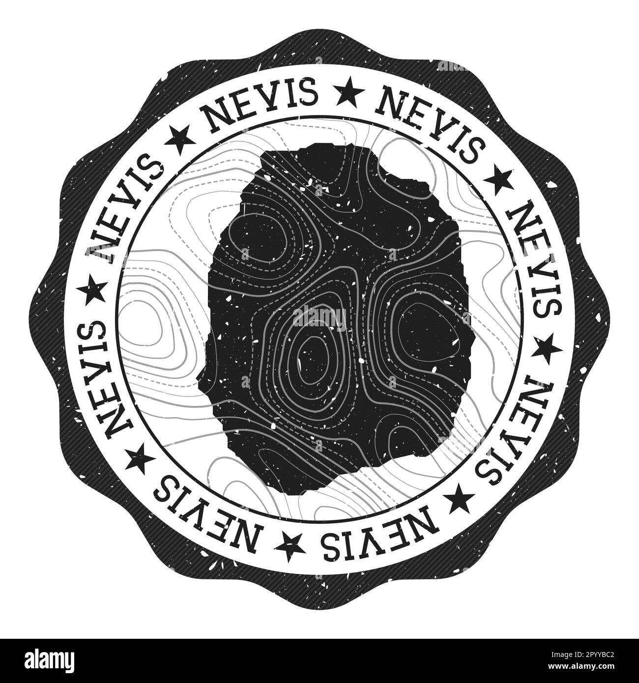 Nevis outdoor stamp. Round sticker with map of island with topographic ...