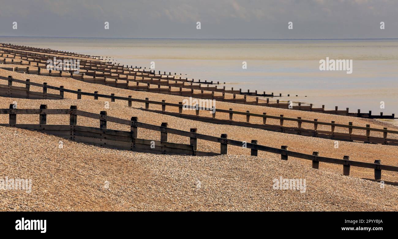 Wooden groynes provide coastal protection and defend the pebble beach ...