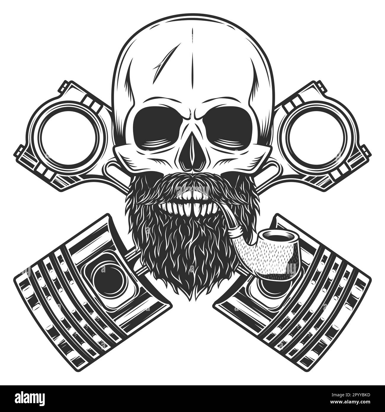 Biker skull with beard and mustache smoking pipe and crossed engine ...