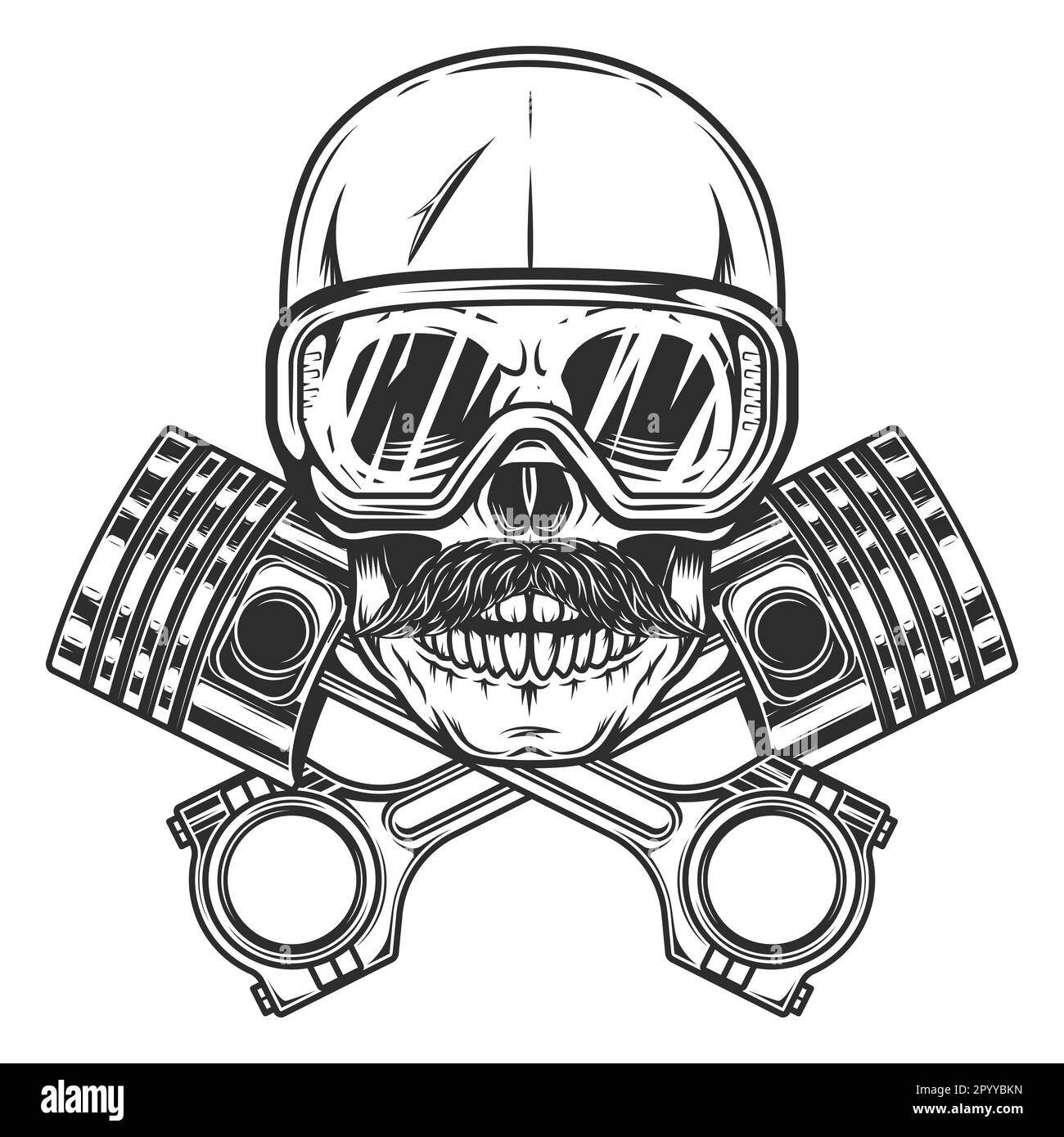Biker skull with mustache in safety glasses with crossed engine pistons ...
