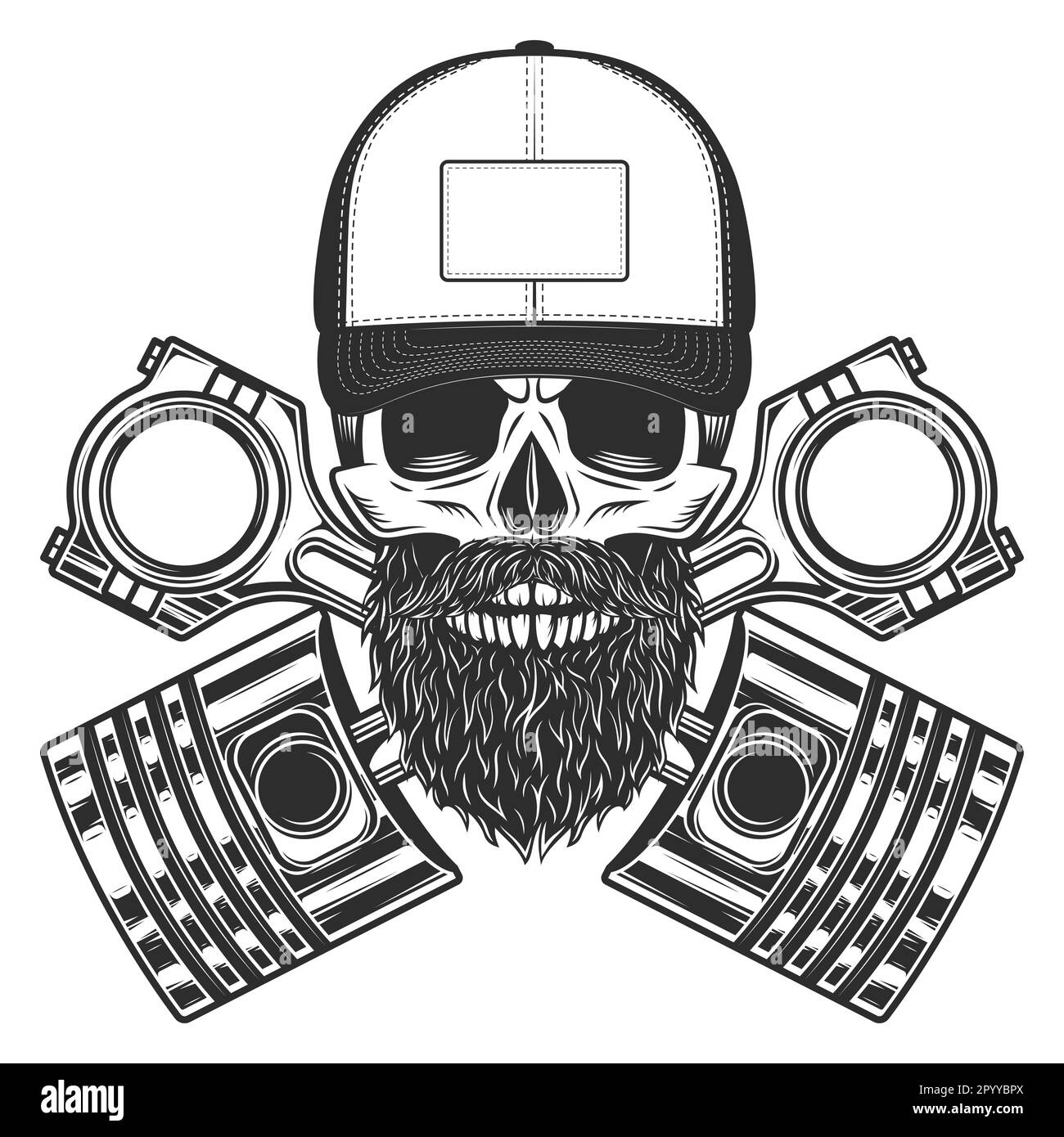 Motorcycle biker skull with beard and mustache in baseball cap with ...