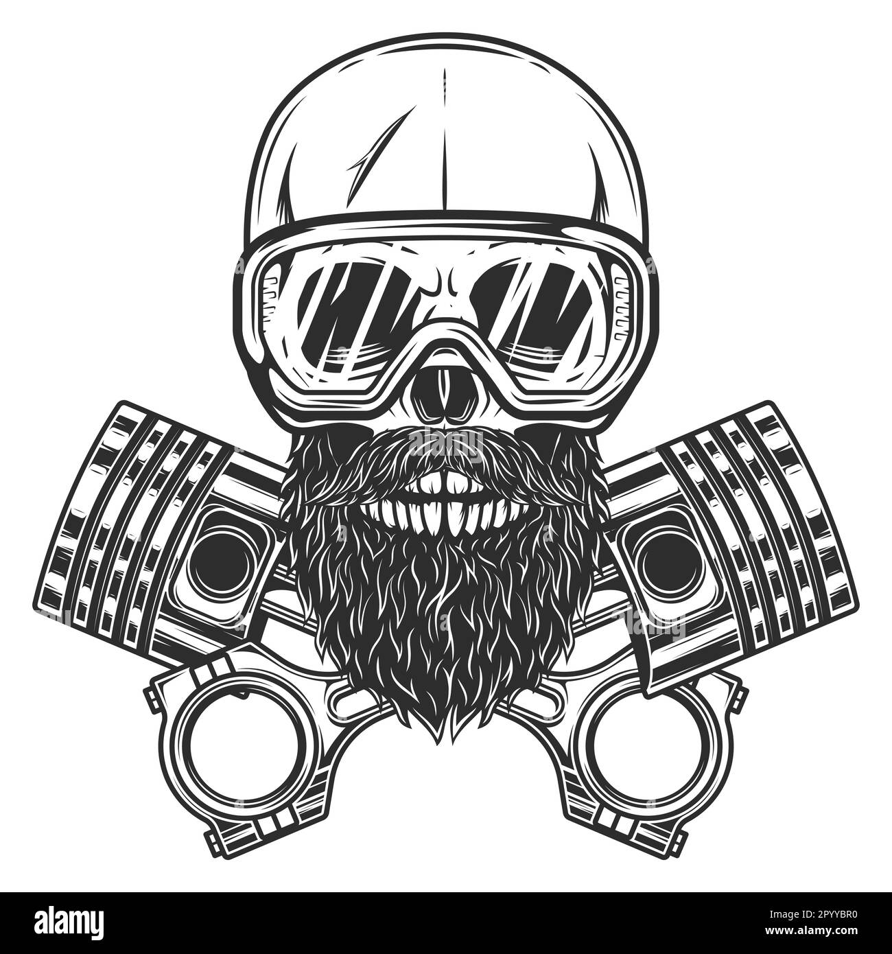 Biker skull with beard and mustache in safety glasses with crossed ...