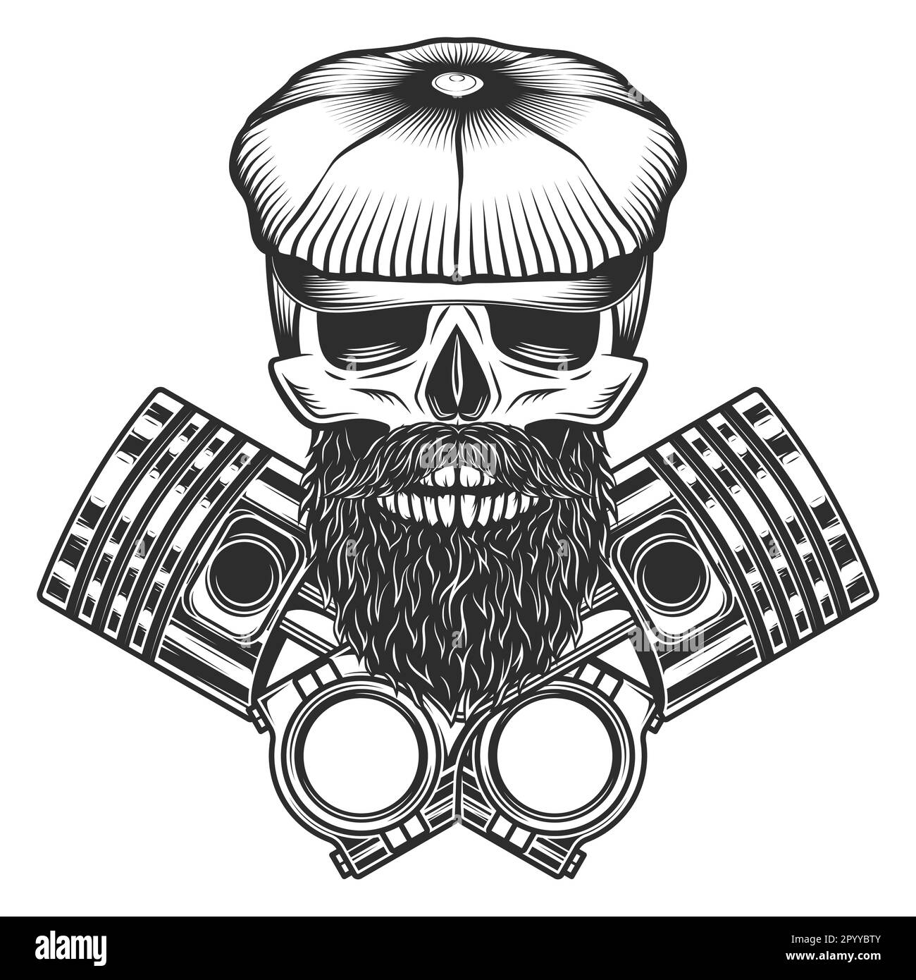 Biker skull with beard and mustache in flat cap with crossed engine ...