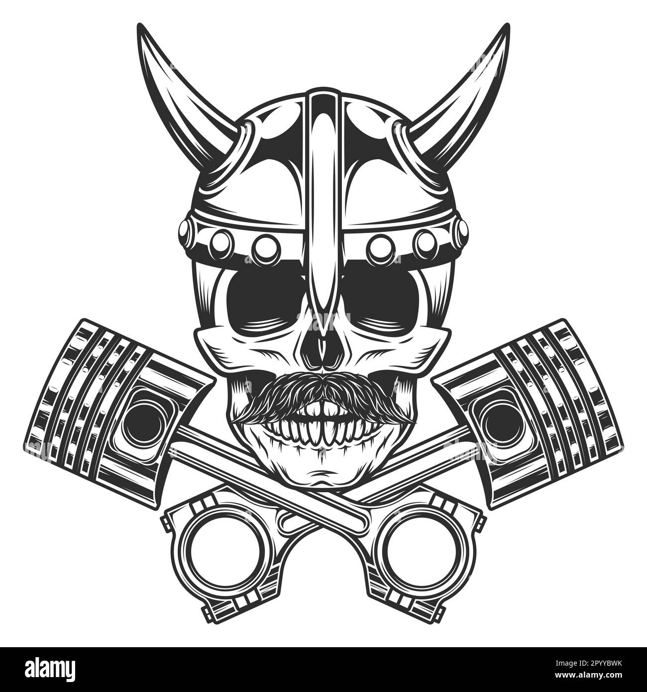 Biker motorcyclist skull with mustache in horned viking helmet with ...