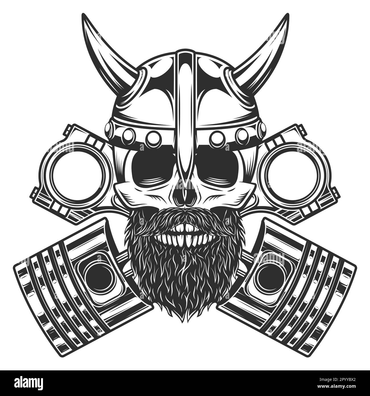 Biker motorcyclist skull with beard and mustache in horned viking ...