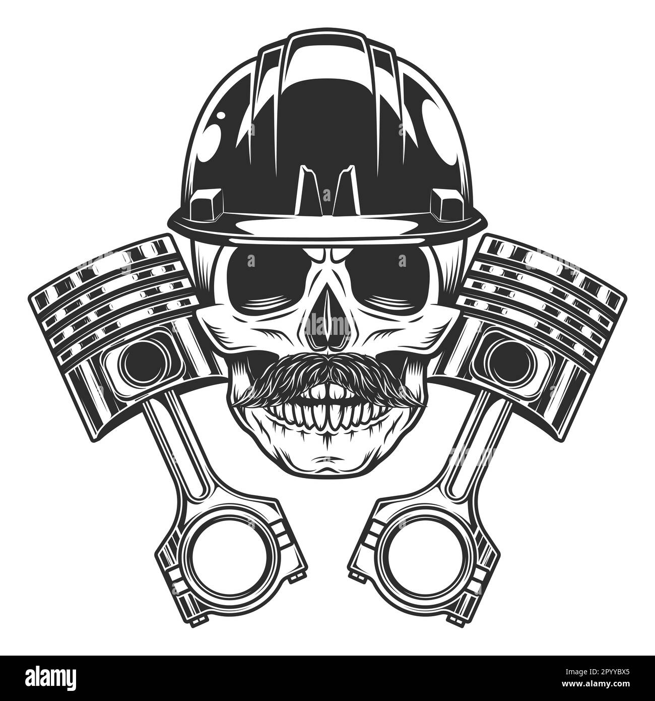 Skull with mustache in hard hat construction helmet with crossed engine ...