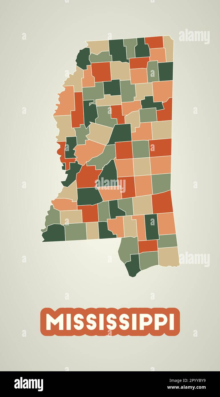 Mississippi poster in retro style. Map of the US state with regions in ...