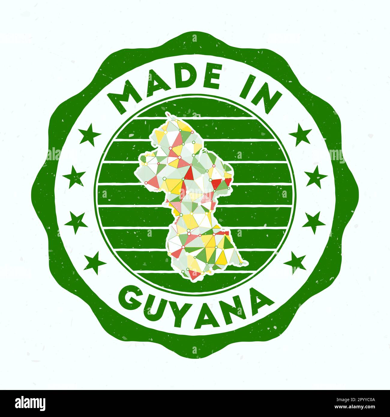 Made in Guyana. Country round stamp. Seal of Guyana with border shape ...