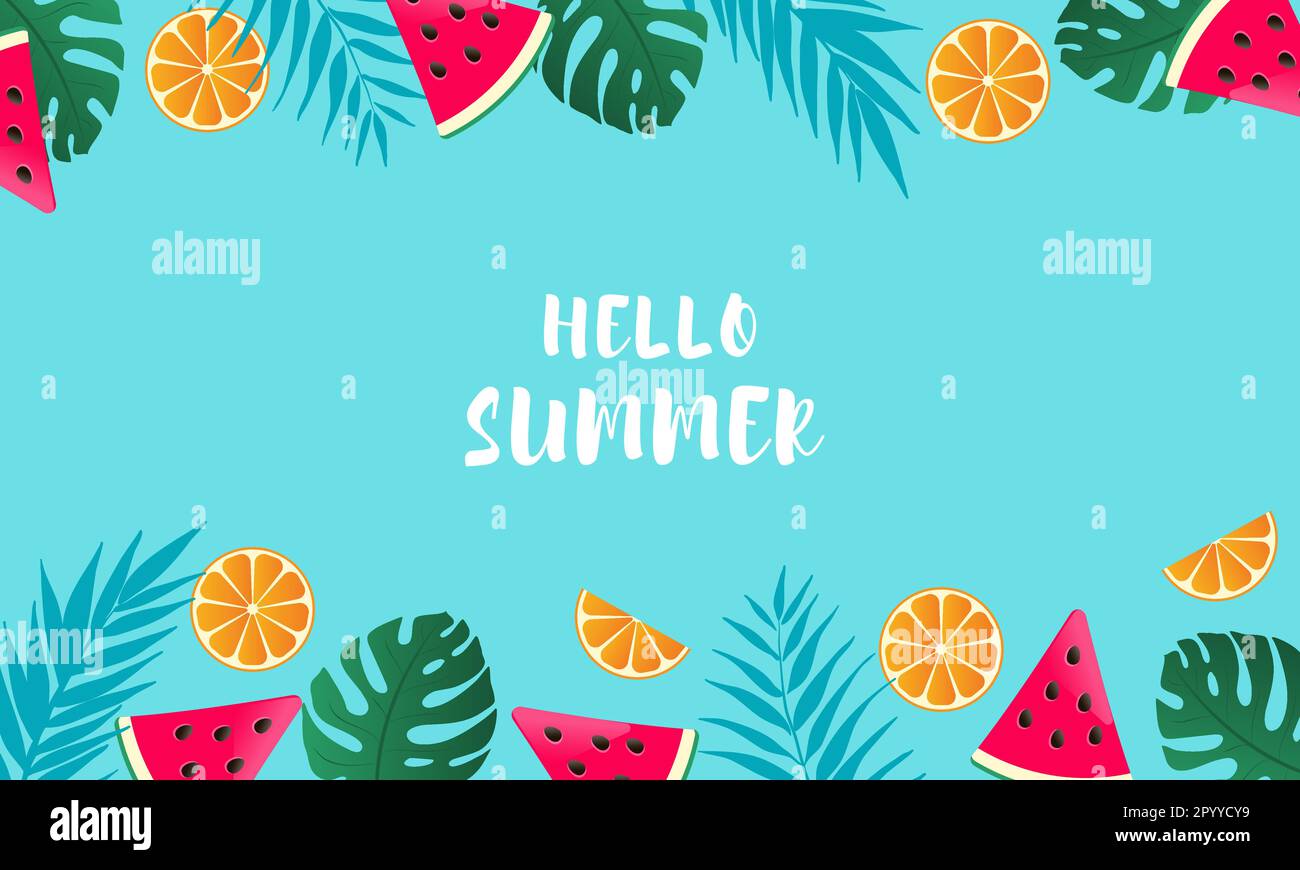 Hello summer banner with watermelon, oranges and palm leaves. Vector ...