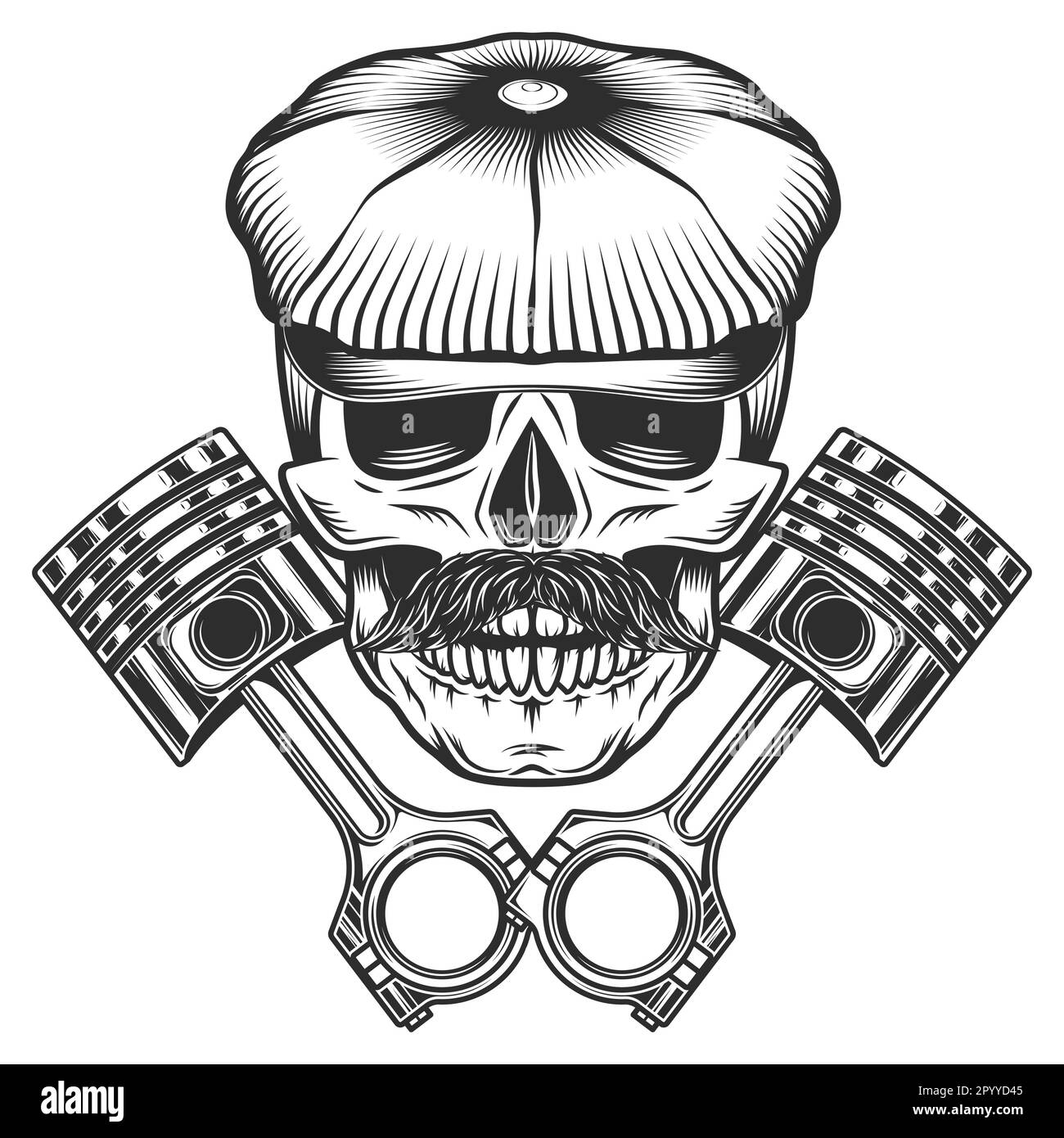 Motorcyclist skull with mustache in flat cap with crossed engine ...