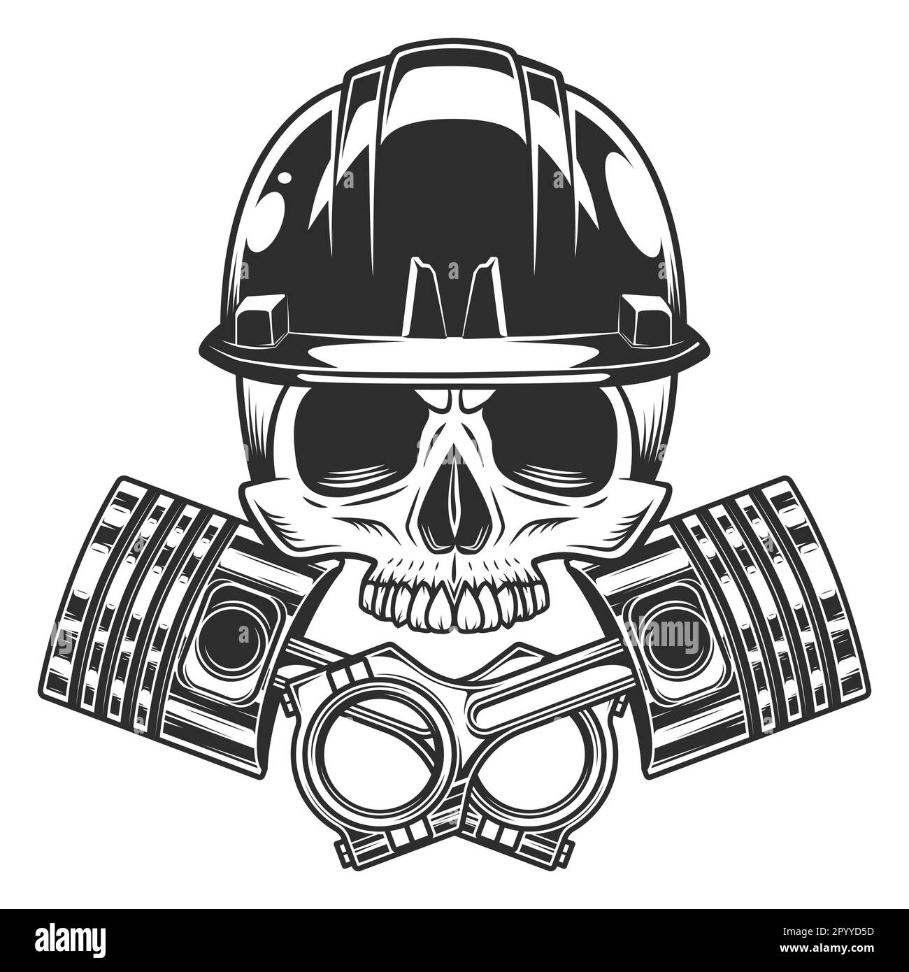 Skull without jaw in hard hat construction helmet with crossed engine ...