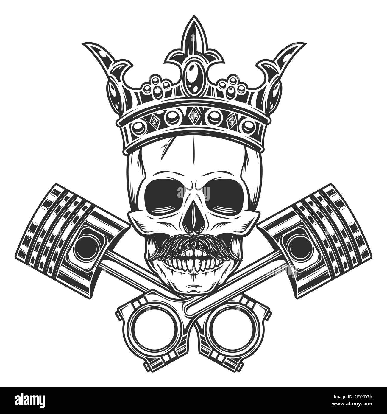 King biker skull in crown with mustache and crossed engine pistons ...