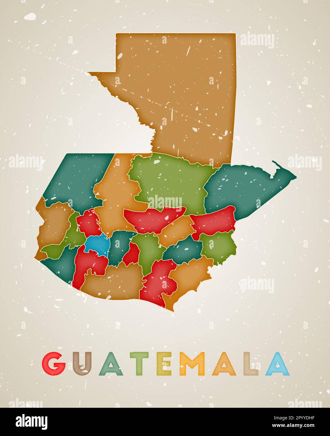 Guatemala map. Country poster with colored regions. Old grunge texture ...