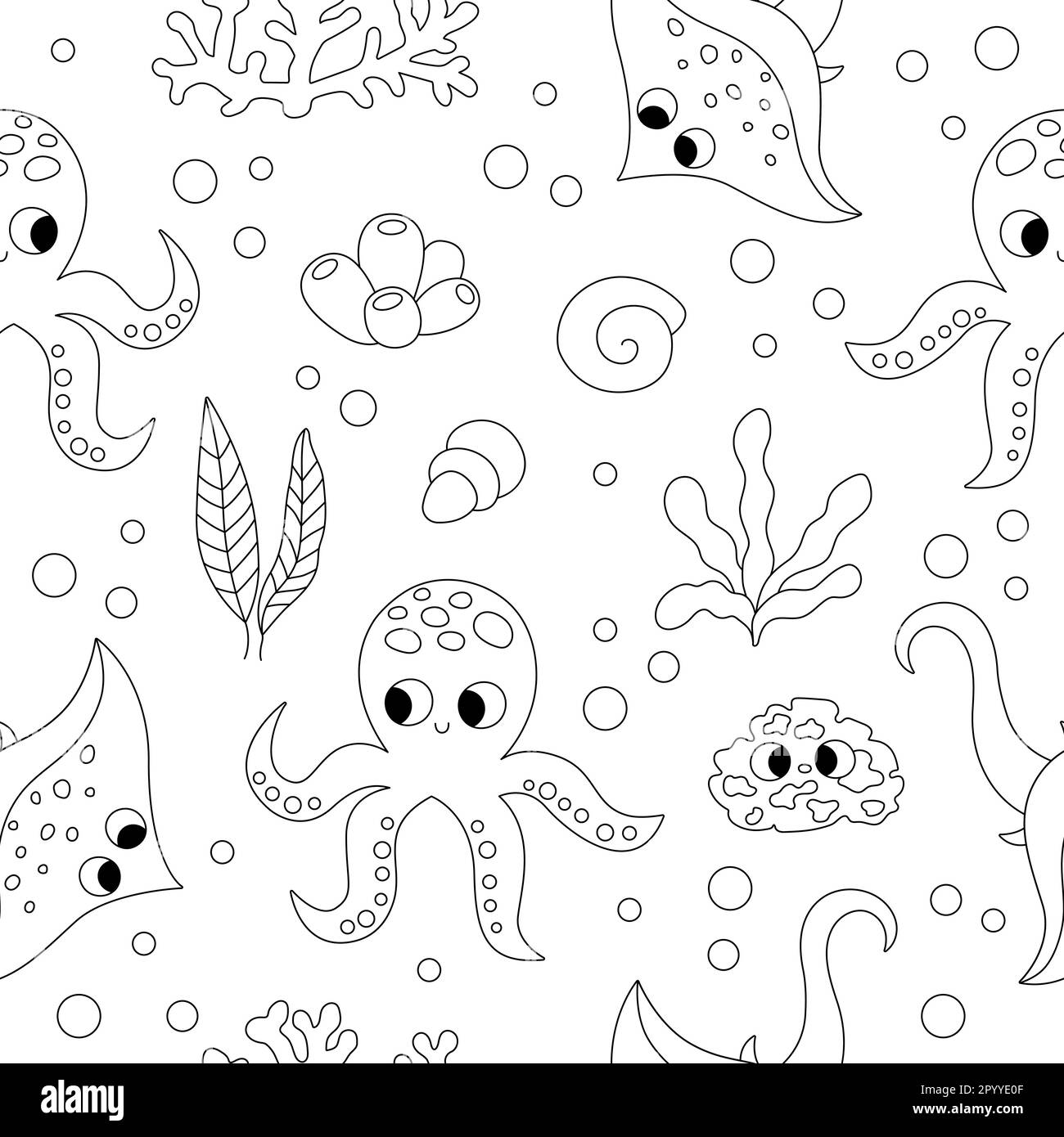 Vector black and white under the sea seamless pattern. Repeat line ...