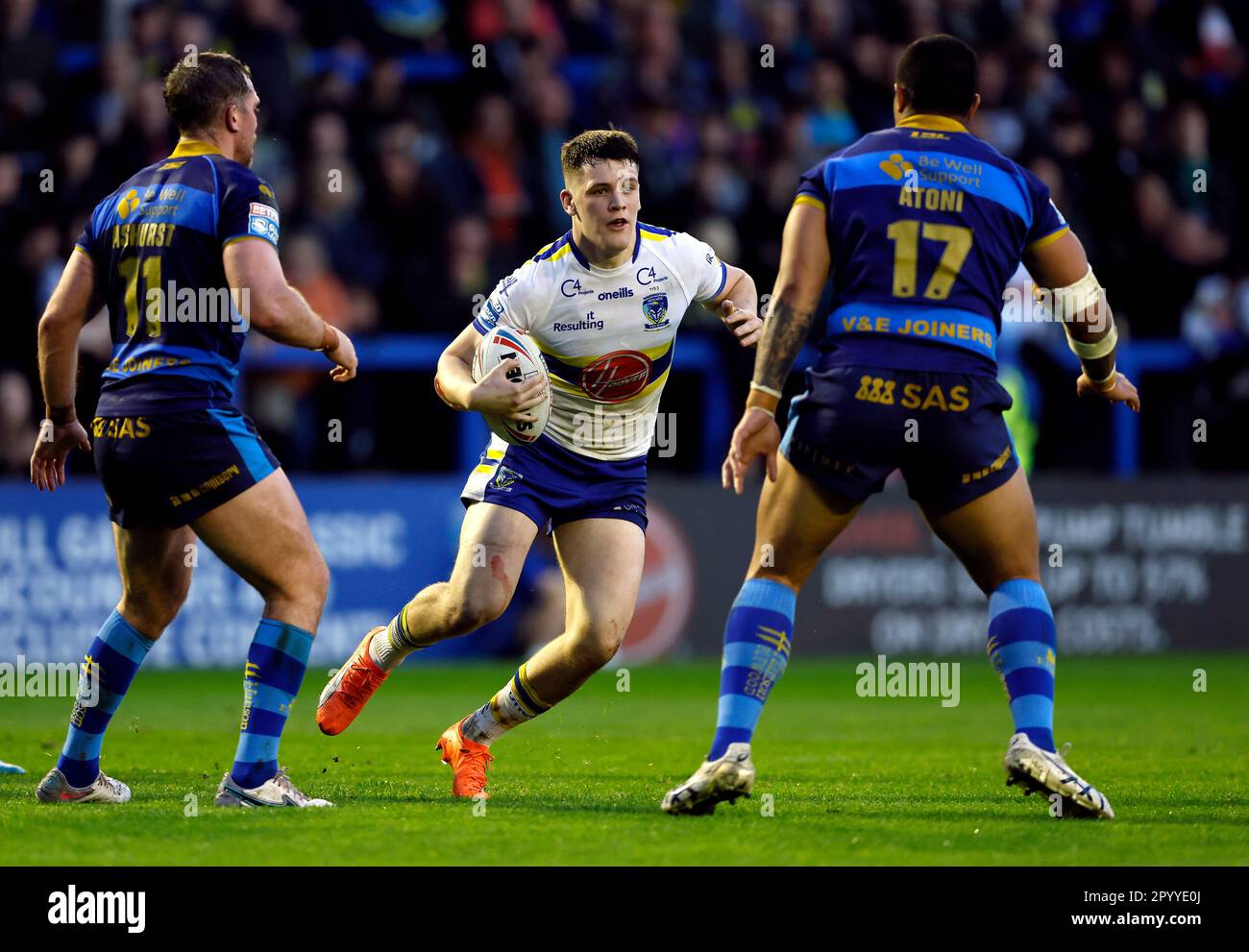 Warrington Wolves' Josh Thewlis looks for a gap in the Wakefield ...