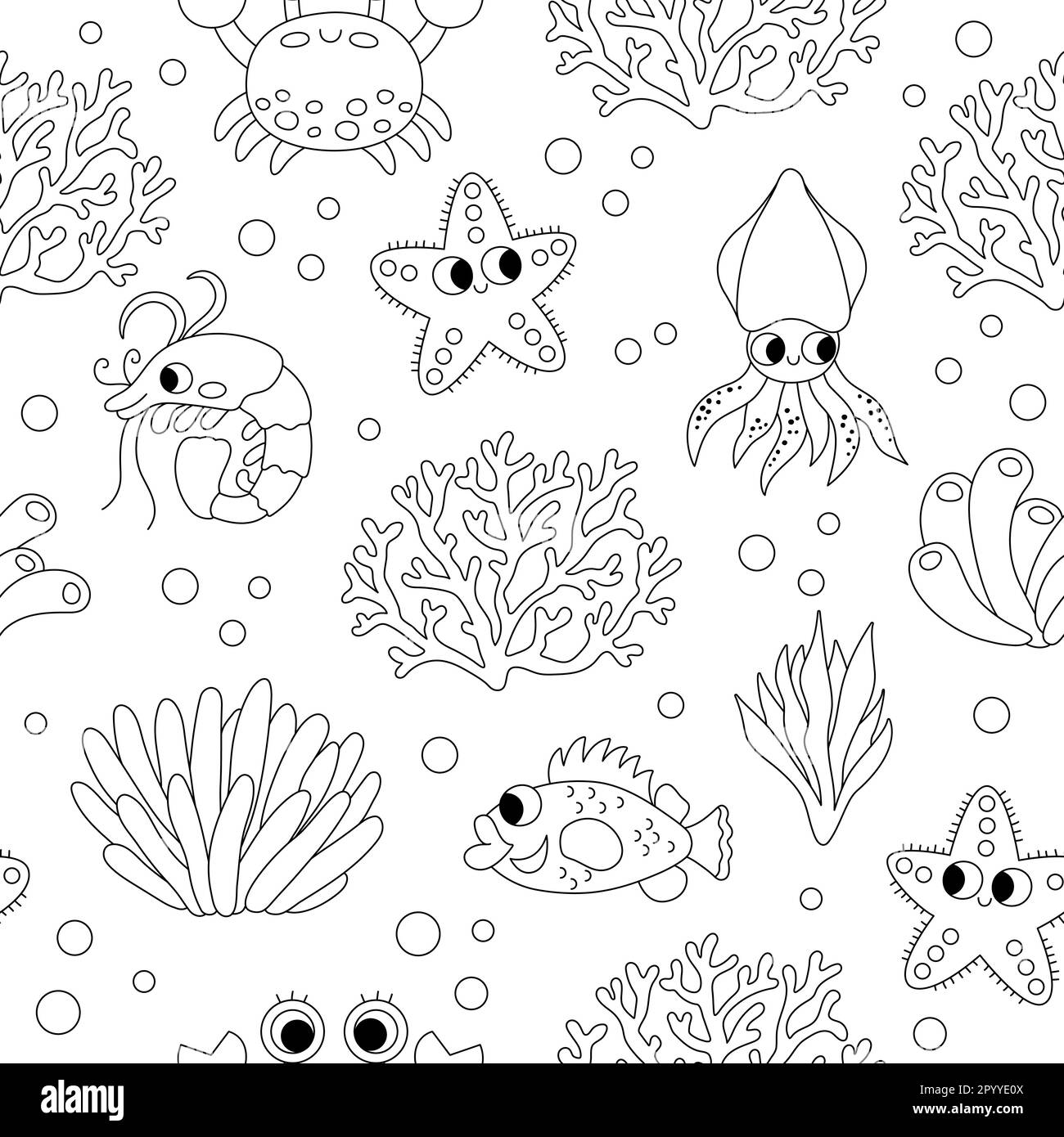 Vector black and white under the sea seamless pattern. Repeat line ...