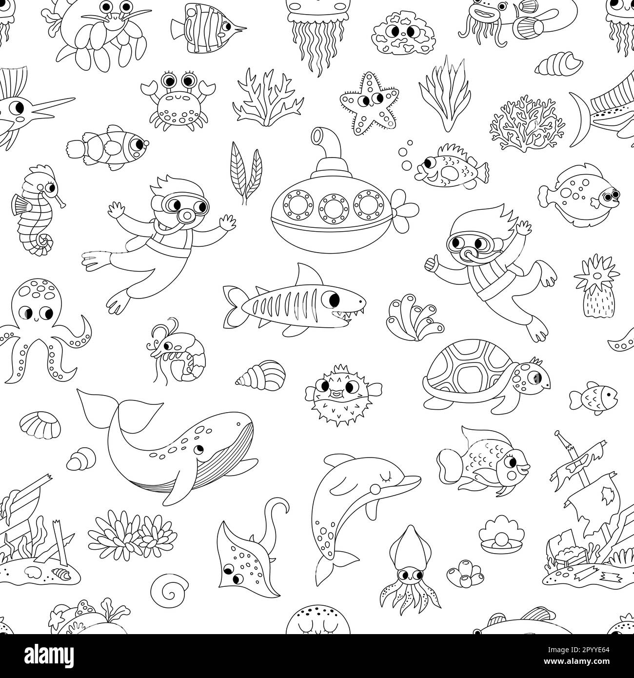 Vector black and white under the sea seamless pattern. Repeat ...
