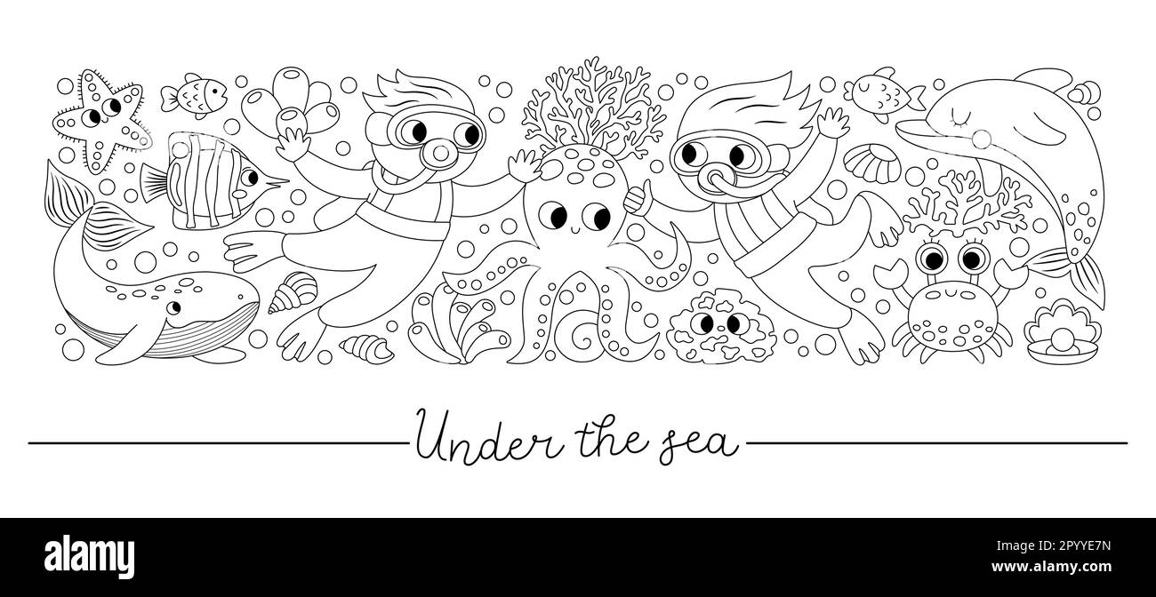 Vector black and white horizontal under the sea border set with fish ...