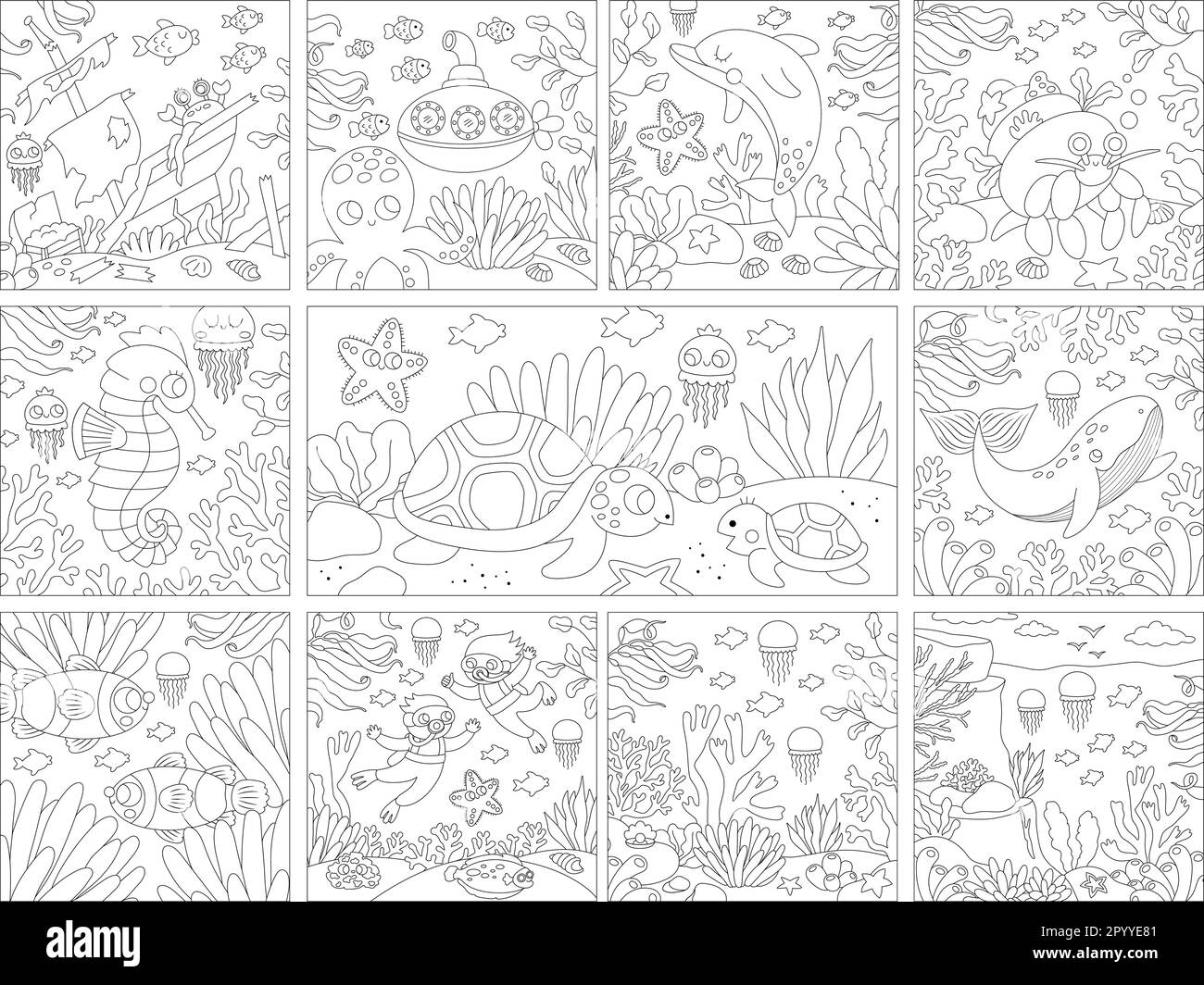 Vector black and white under the sea square landscapes set. Ocean life ...