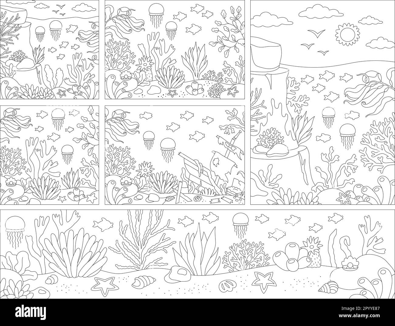 Vector black and white under the sea landscapes set. Ocean life line ...