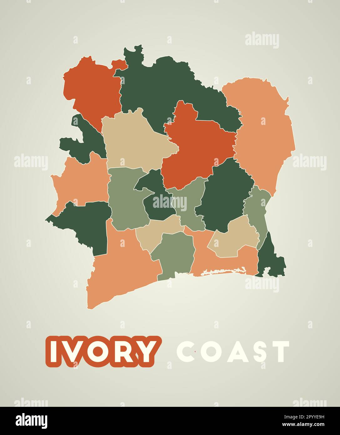 Ivory Coast poster in retro style. Map of the country with regions in ...