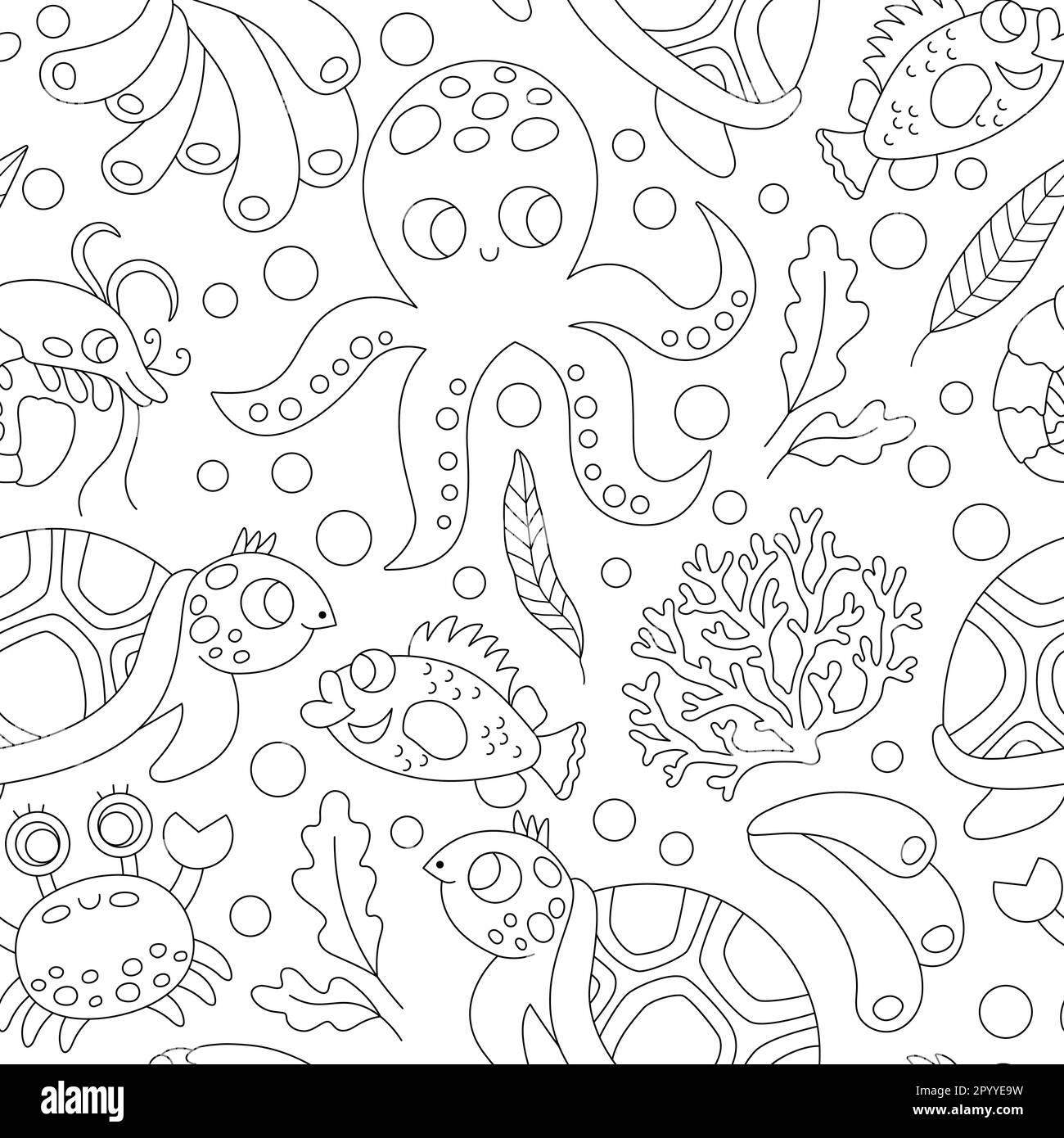 Vector black and white under the sea seamless pattern. Repeat line ...