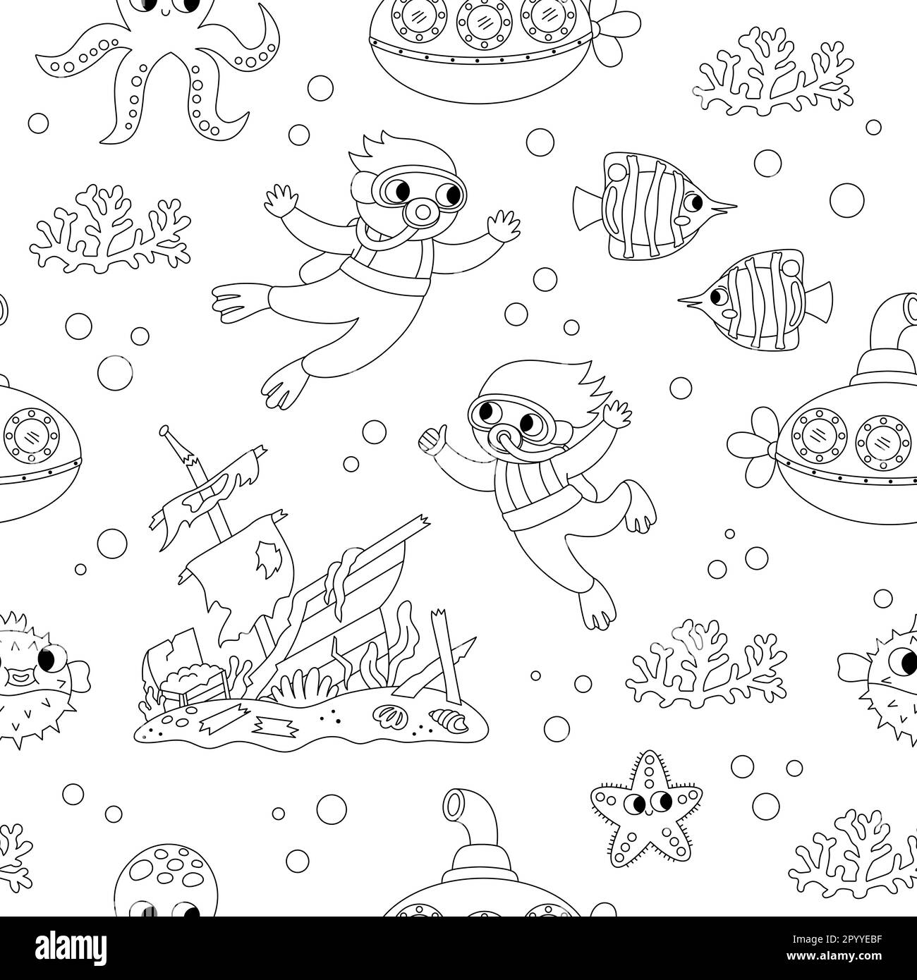 Vector black and white under the sea seamless pattern. Repeat line ...