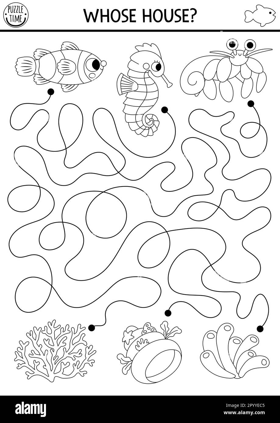 Under the sea black and white maze for kids with clown fish, seahorse ...